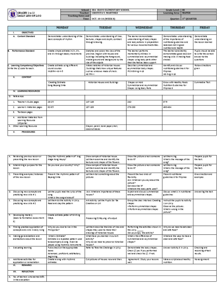 DLL Mapeh-3 Q1 W8 | PDF | Learning | Cognition