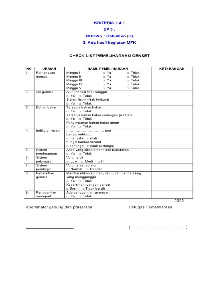 1.4.1.EP.3...Contoh CHECK LIST PEMELIHARAAN GENSET-R | PDF