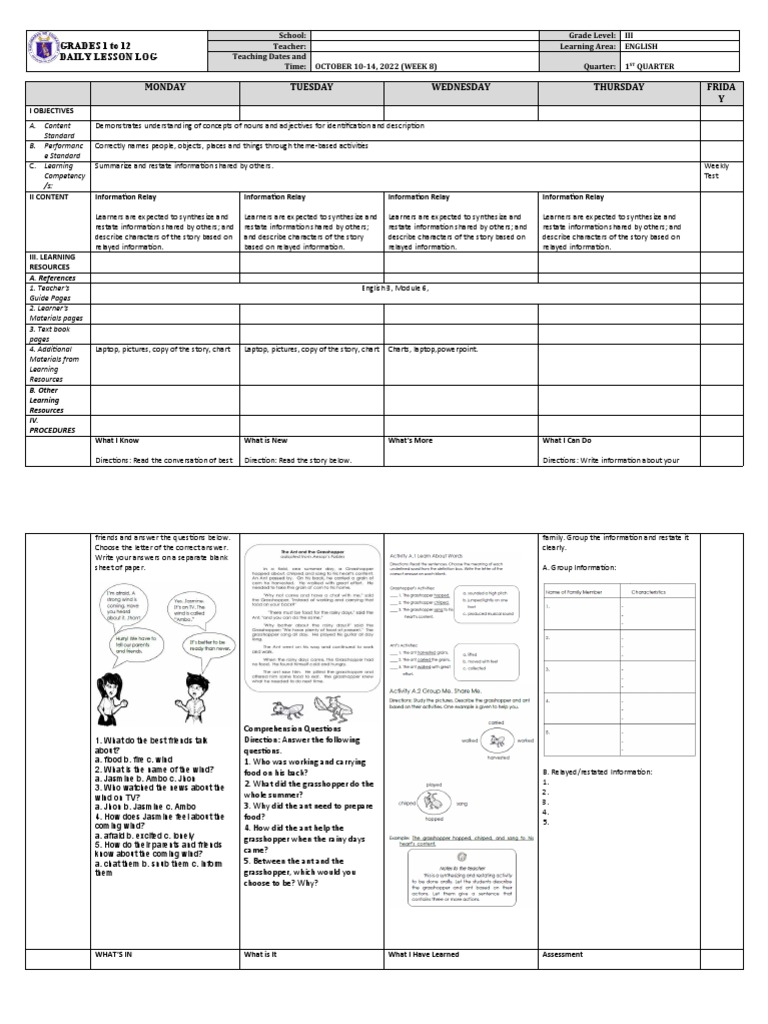 DLL English-3 Q1 W8 | PDF | Learning | Information