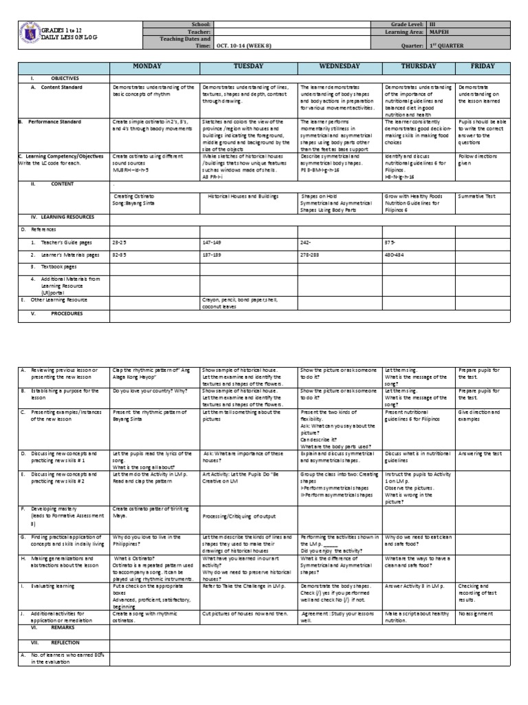 DLL Mapeh-3 Q1 W8 | PDF | Learning | Behavior Modification