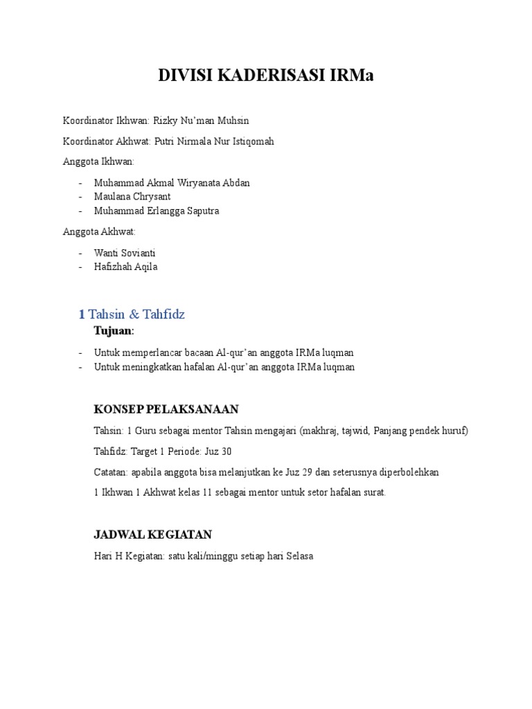 RANCANGAN PROKER DIVISI KADERISASI IRMa-2 | PDF