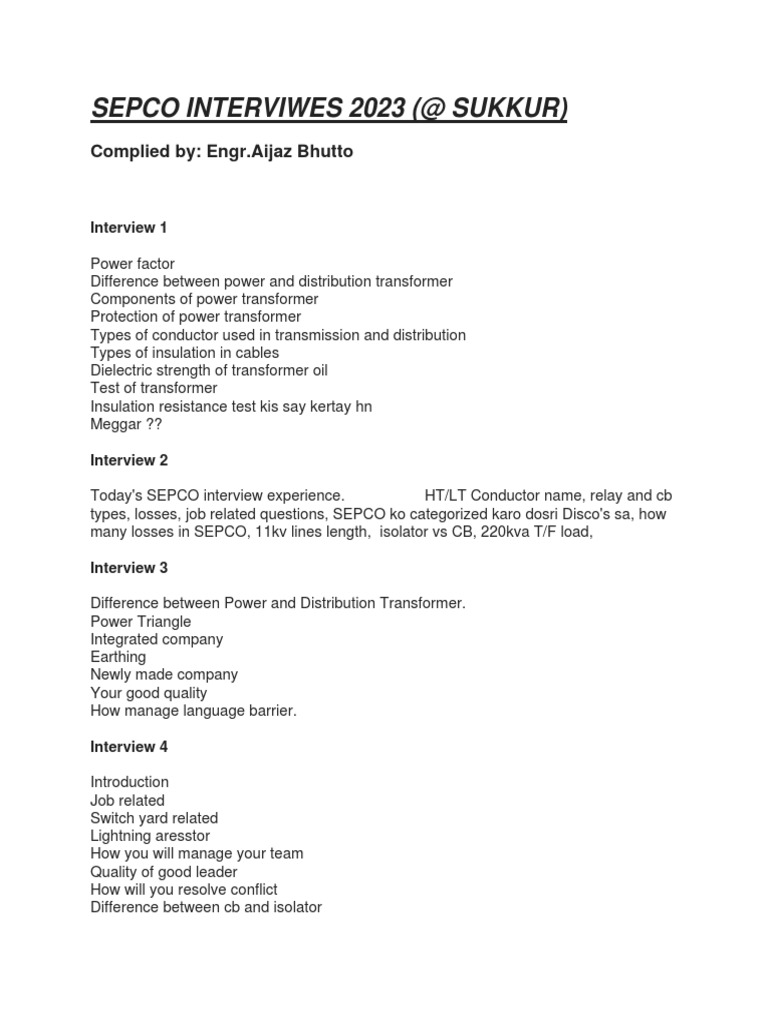 Sepco Interviews 2023 | PDF | Transformer | Electric Power Transmission