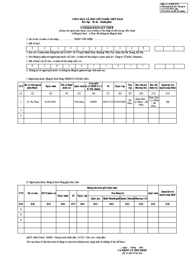 BMTT07 1 Tờ khai đăng ký thuế (Mau so 20-DK-TCT) | PDF