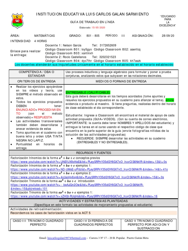 2020 801 MAT ACT 7 TRINOMIOS DE LA FORMA X2+BX+C y DE LA FORMA AX2+BX+C | PDF | Factorización ...