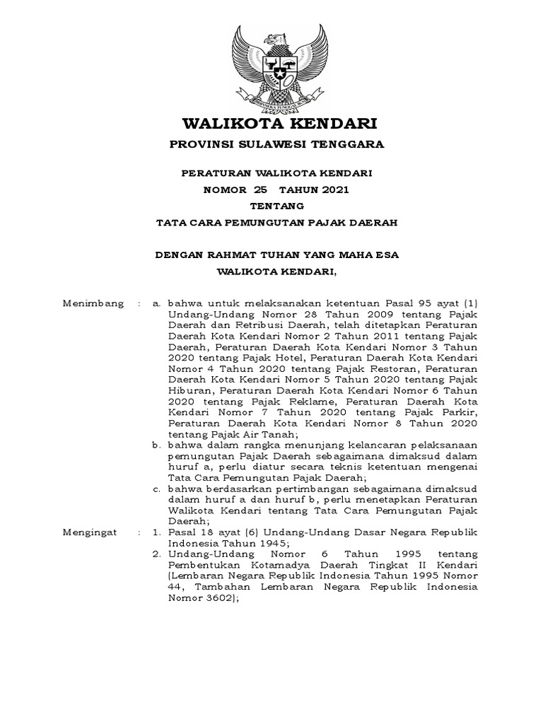 Perwali Nomor 25 Tahun 2021 Tata Cara Pemungutan Pajak Daerah Terbaru | PDF