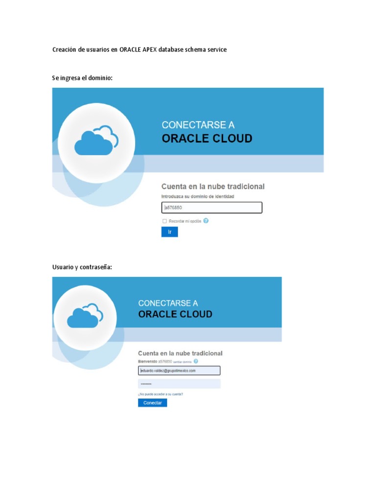 Creación de Usuarios en ORACLE APEX Database Schema Service | PDF
