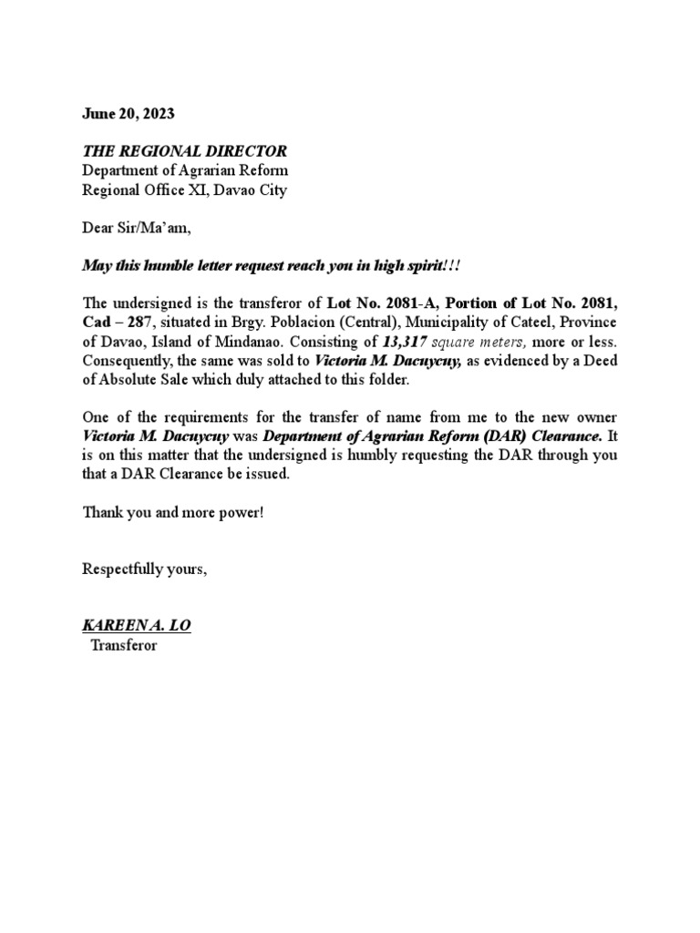 Letter Request For Issuance of DAR Clearance | PDF