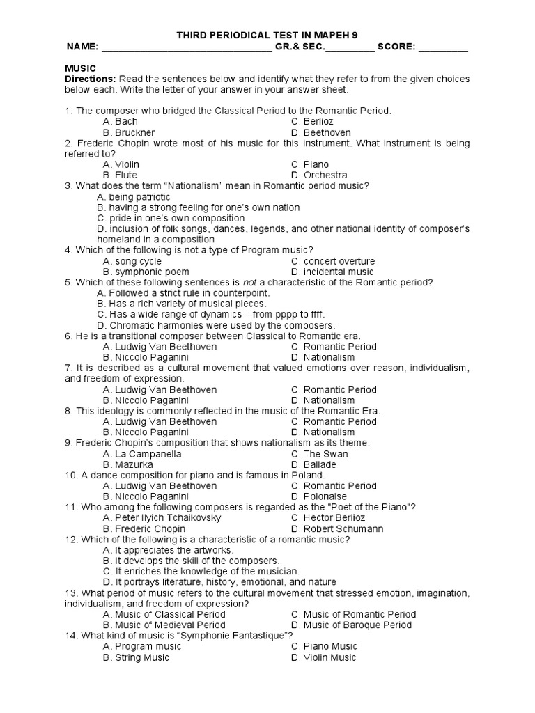 THIRD PERIODICAL TEST IN MAPEH 9.edited | PDF | Romantic Music | First Aid