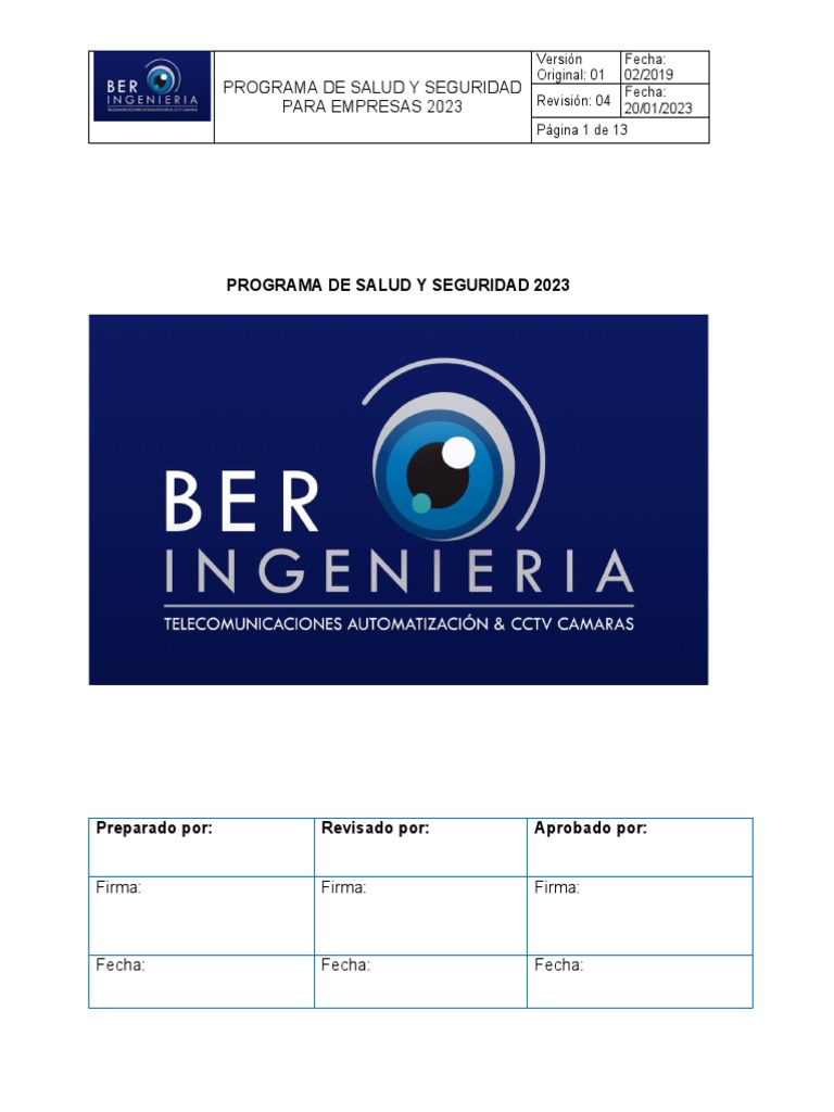 Programa Salud y Seguridad 2023 - BER INGENIERIA | Descargar gratis PDF | Seguridad y salud ...