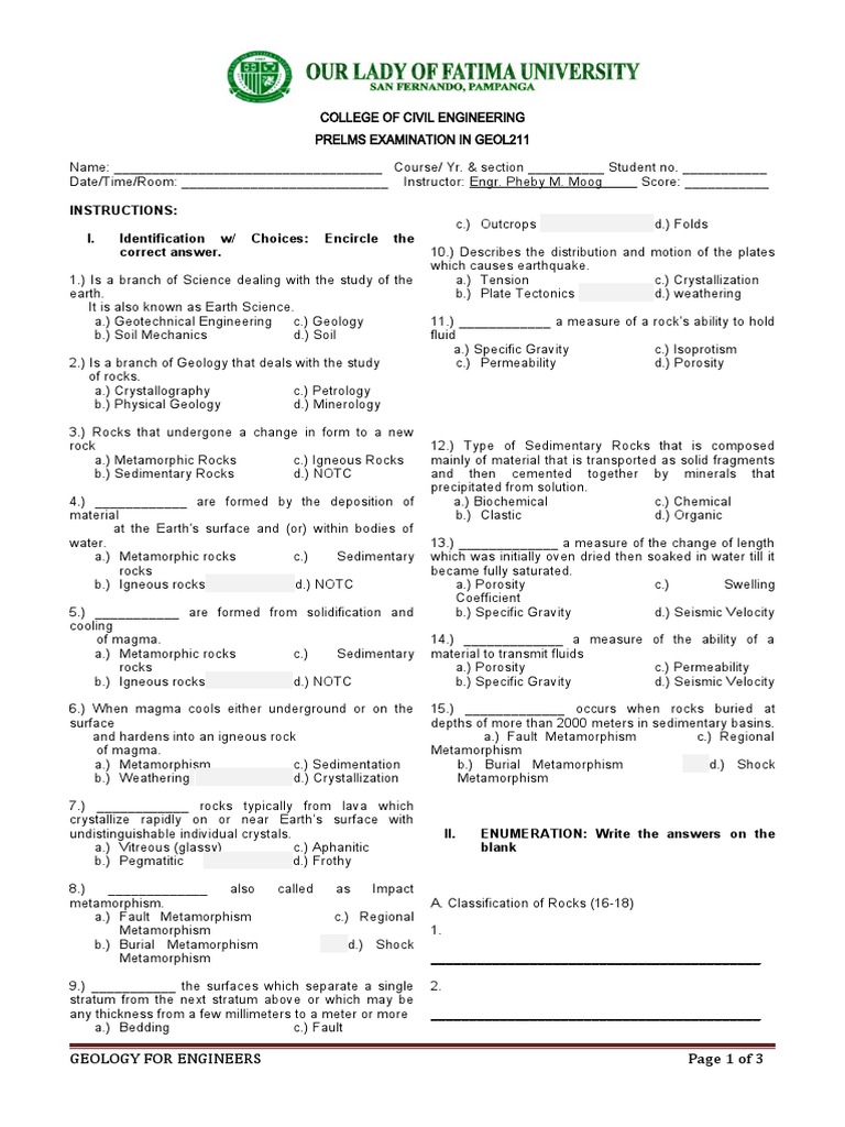 Geol 211 Midterm Exam Engr Moog Questionnaire | PDF | Rock (Geology ...