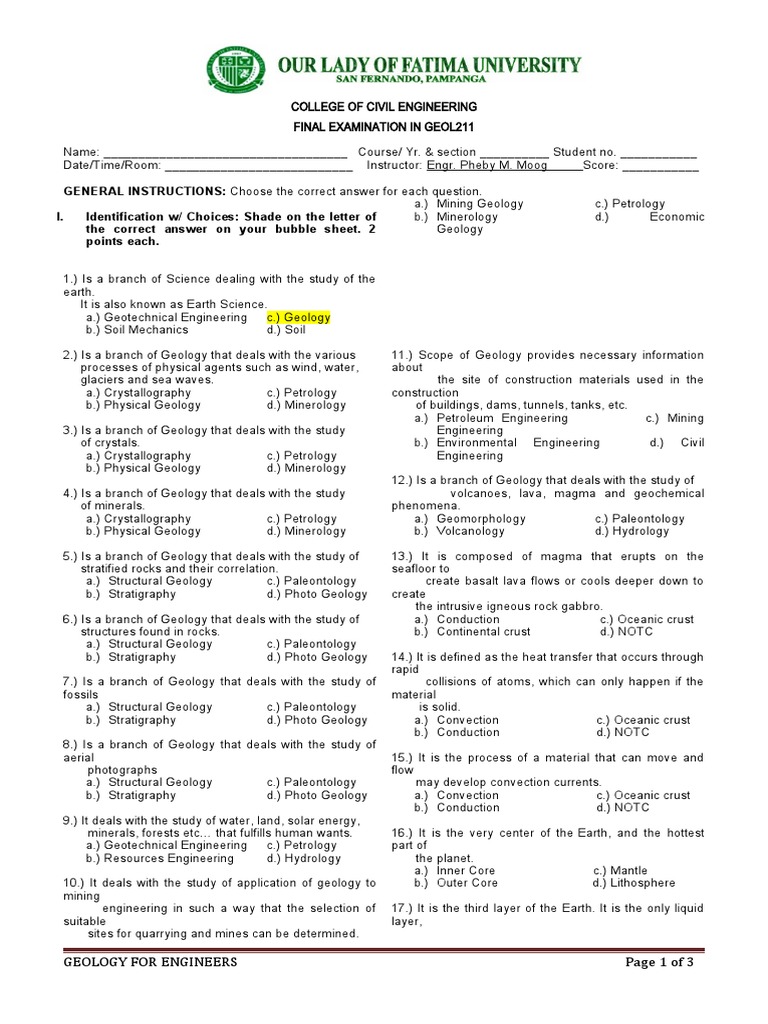GEOL211 Final Exam Answer Key | PDF | Geology | Rock (Geology)