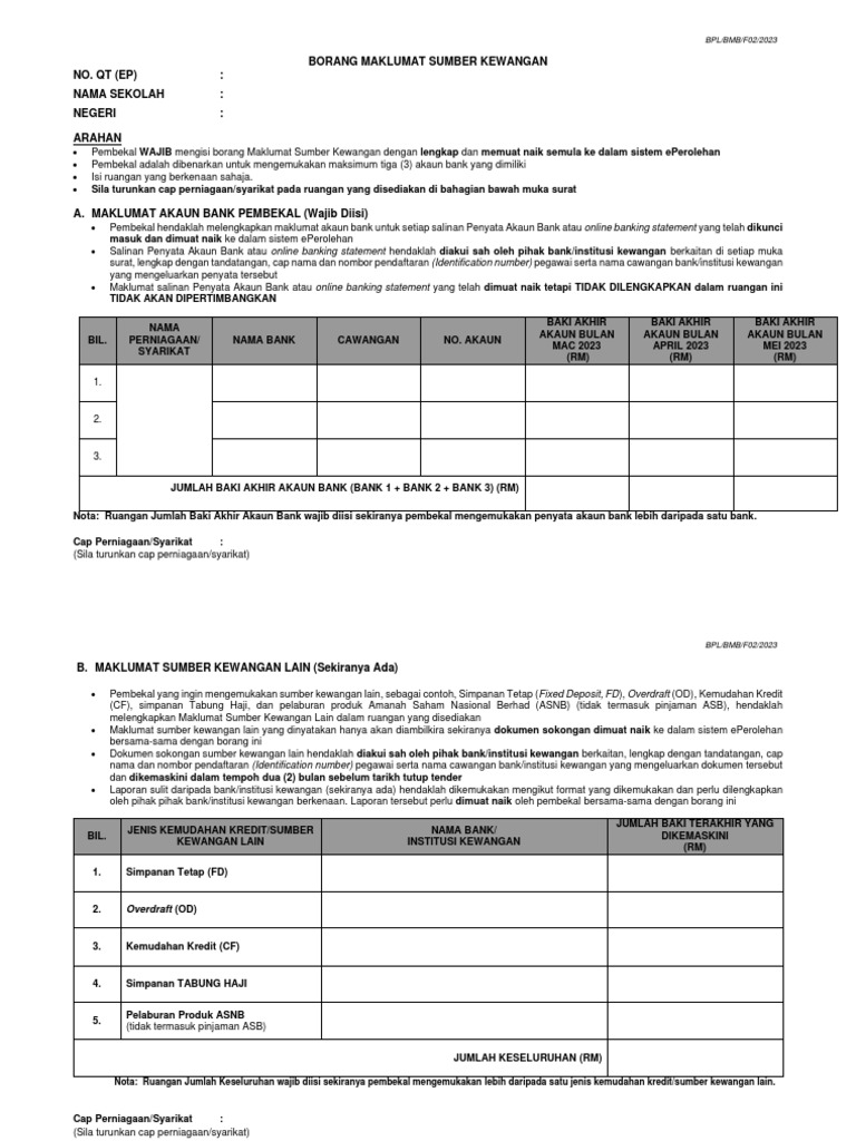 Borang Maklumat Sumber Kewangan Pembekal BMB F2 2023 | PDF