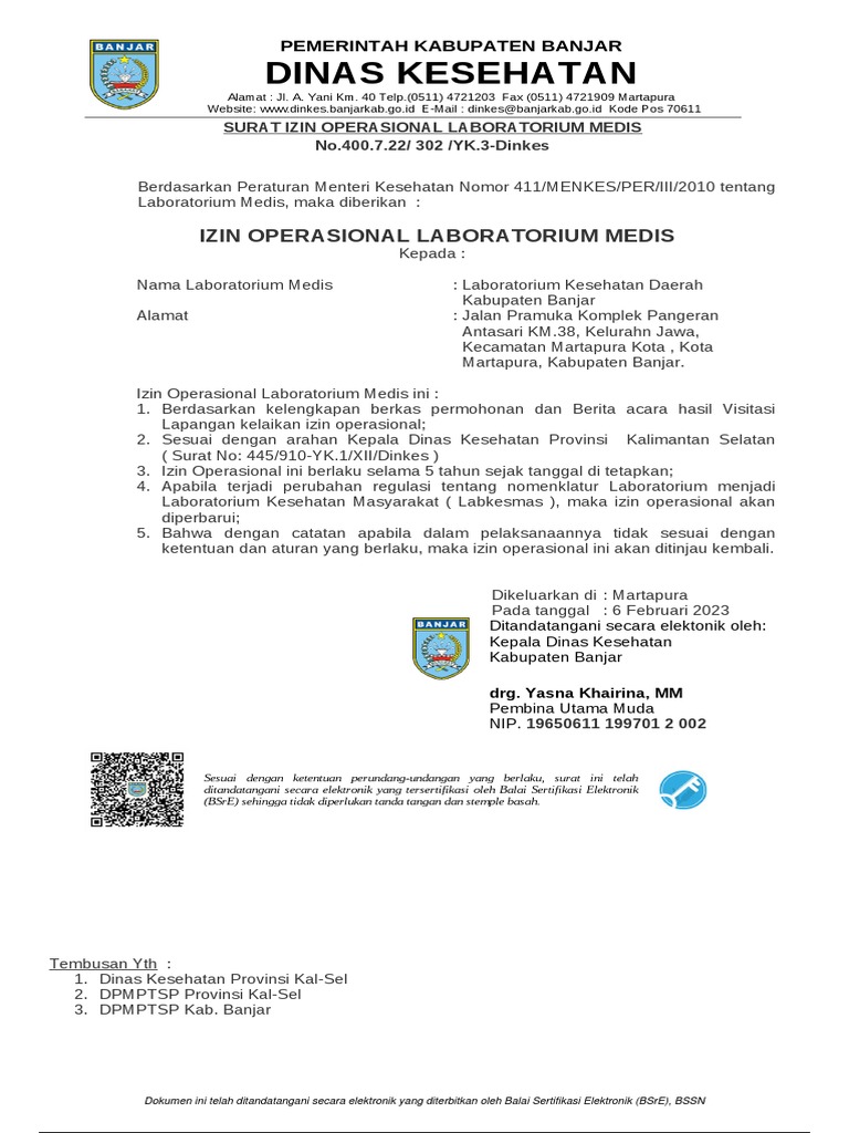 Upload - Surat Izin Operasional Labkesda Banjar 2023 - PDF | PDF