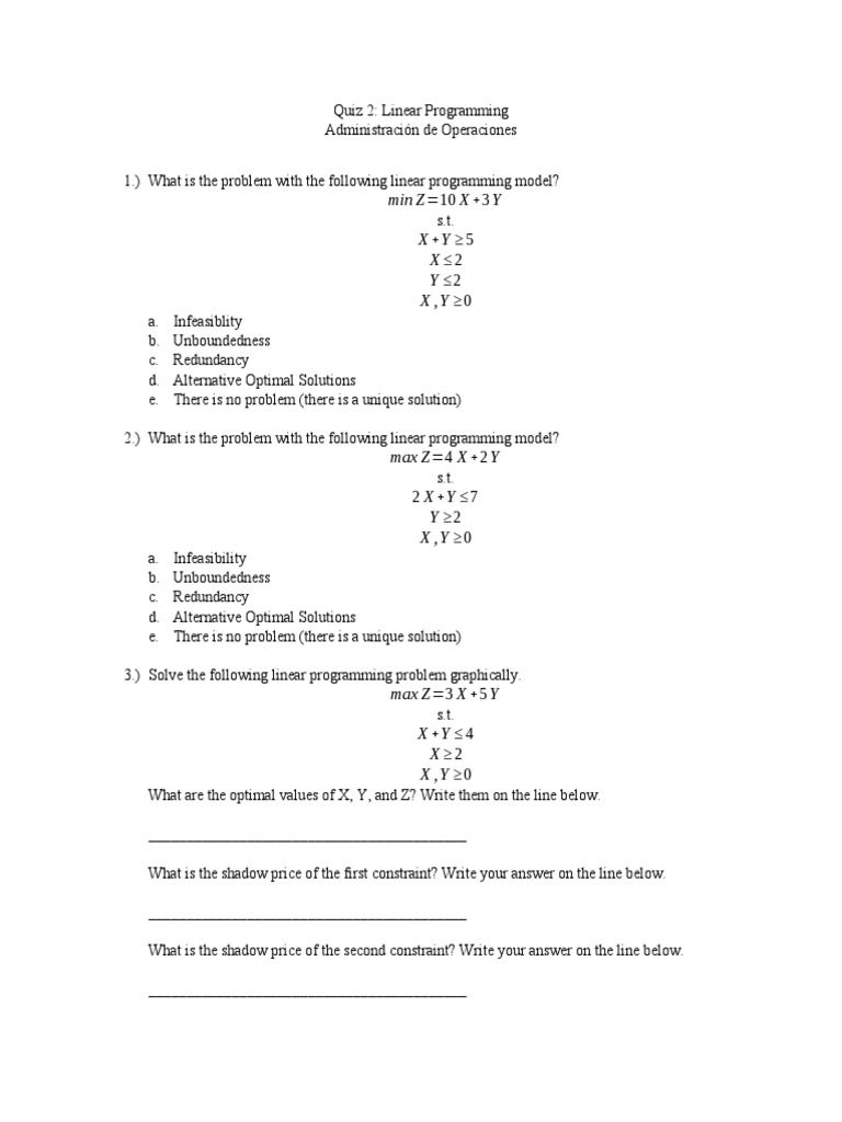 Quiz 2 - Linear Programming | PDF | Linear Programming | Bonds (Finance) Quiz 2 - Linear Programming | PDF | Linear Programming | Bonds (Finance)