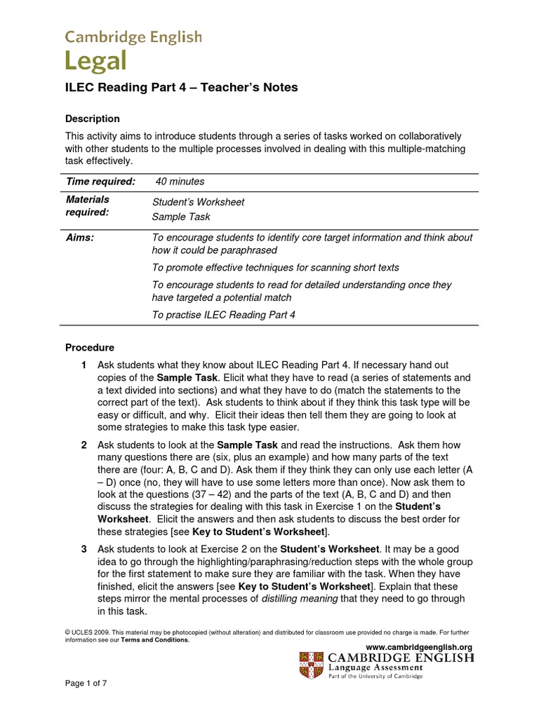 ILEC Reading Part 4 Teacher's Guide | PDF | Information | Lawyer