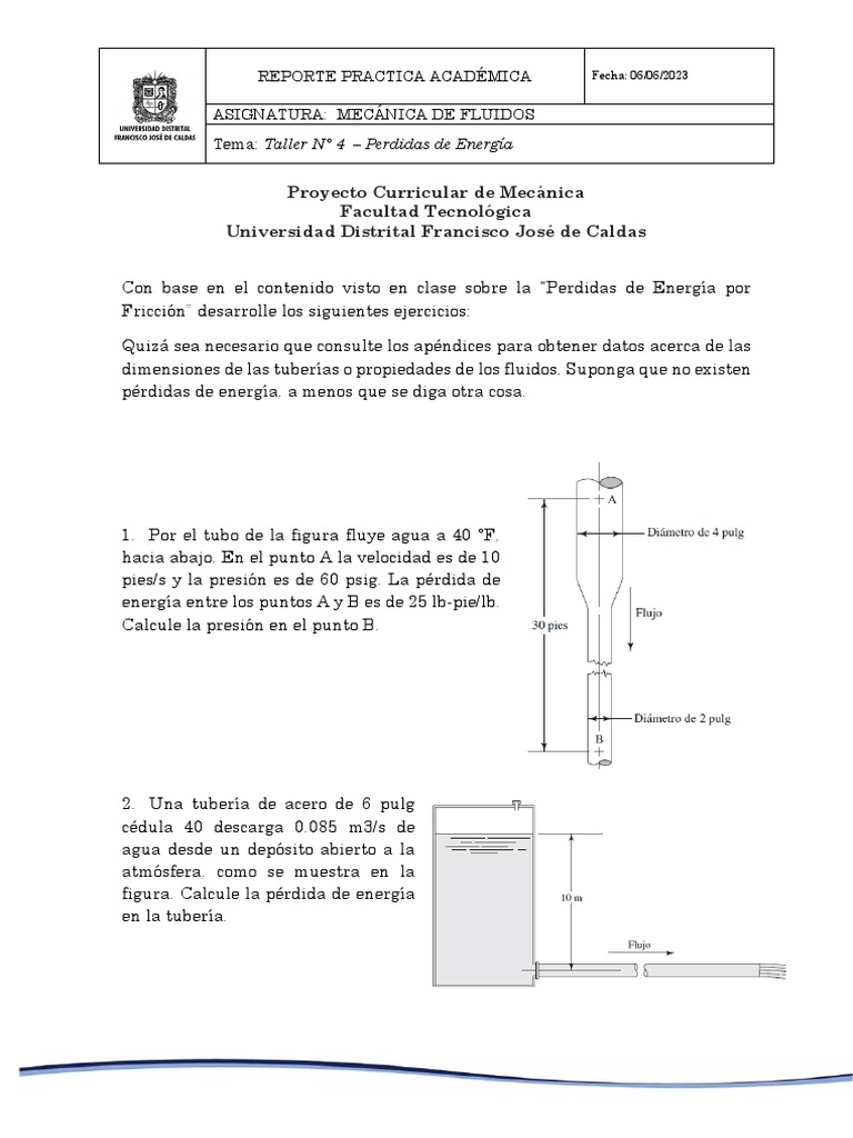 Taller N°4 Perdidas de Energia en Fluidos | PDF | Hogar, jardinería y ...