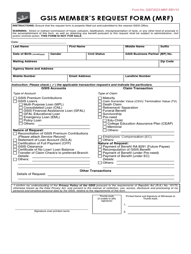 Codified - GSIS Members Request Form - 22feb2023 | PDF | Payments ...