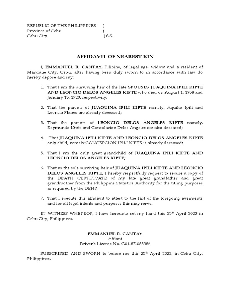 Affidavit of Nearest Kin - Juaquina Ipili Kipte and Leoncio Delos ...