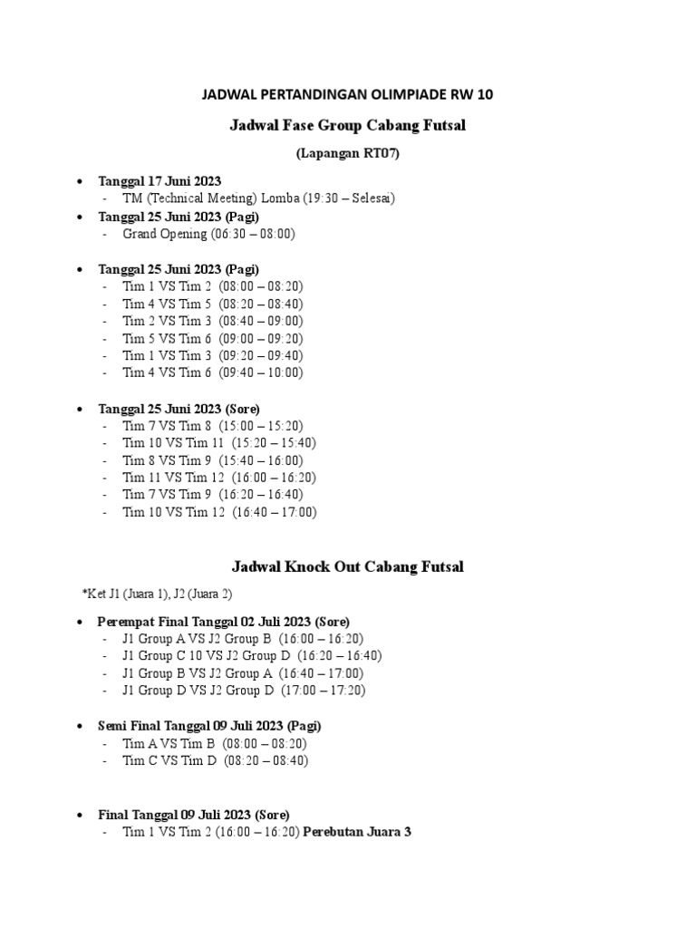 Jadwal Pertandingan Olimpiade RW 10 | PDF