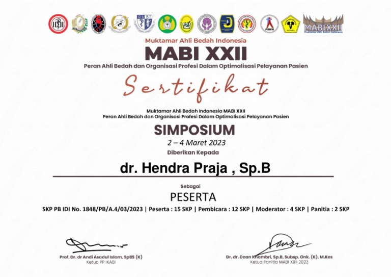 E-Certificate - SIMPOSIUM - Dr. Hendra Praja, SP.B | PDF