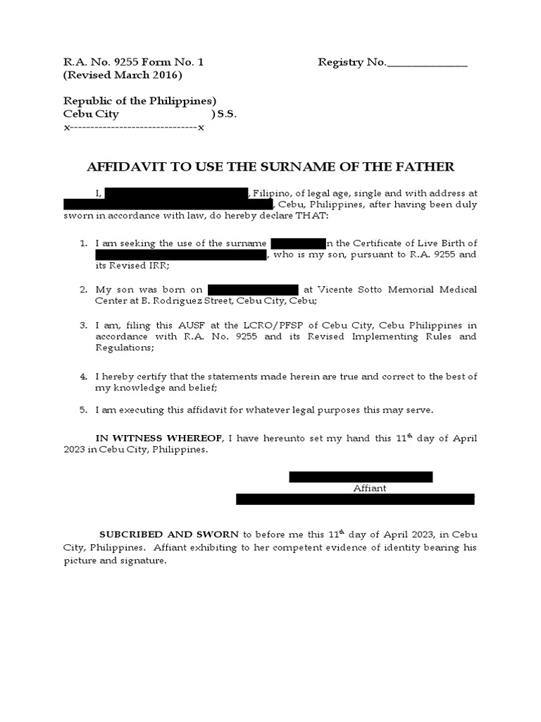 Affidavit to Use Father's Surname Sample | PDF | Law