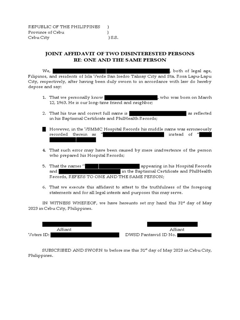 Joint Affidavit of Two Disinterested Persons Re - One and The Same ...