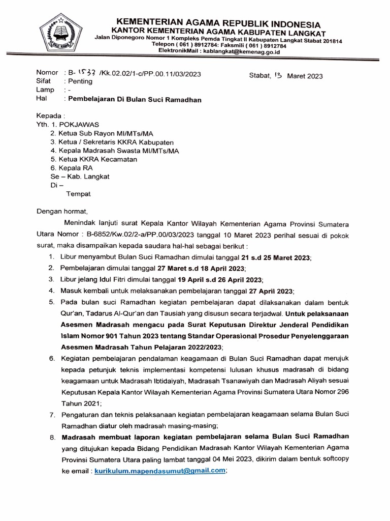 Surat Pemberitahuan Kegiatan Pembelajaran Di Bulan Suci Ramadhan 2023 | PDF