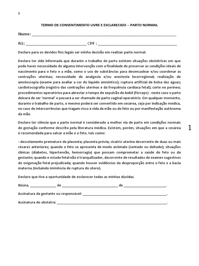 Termo de Consentimento Livre e Esclarecido 12 | PDF | Parto | Gravidez
