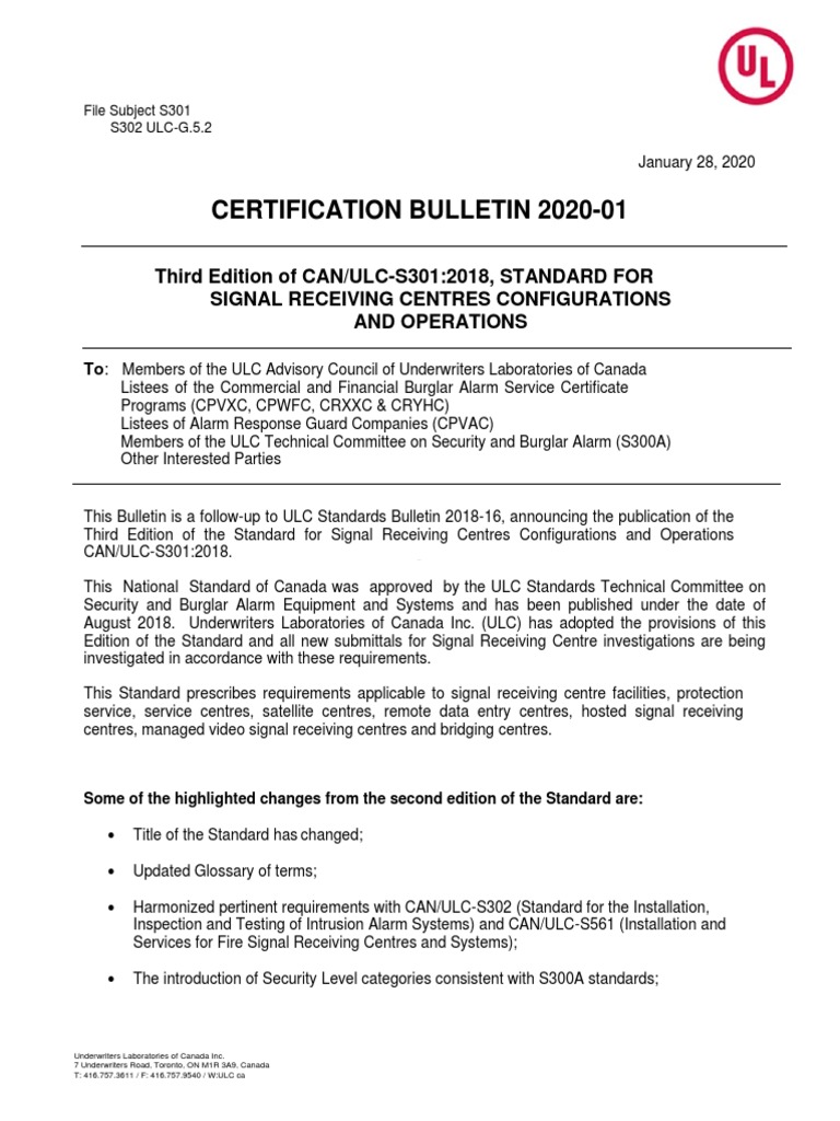 Certification Bulletin 2020 01ENGCAN ULC S301 18 | PDF | Security Alarm ...
