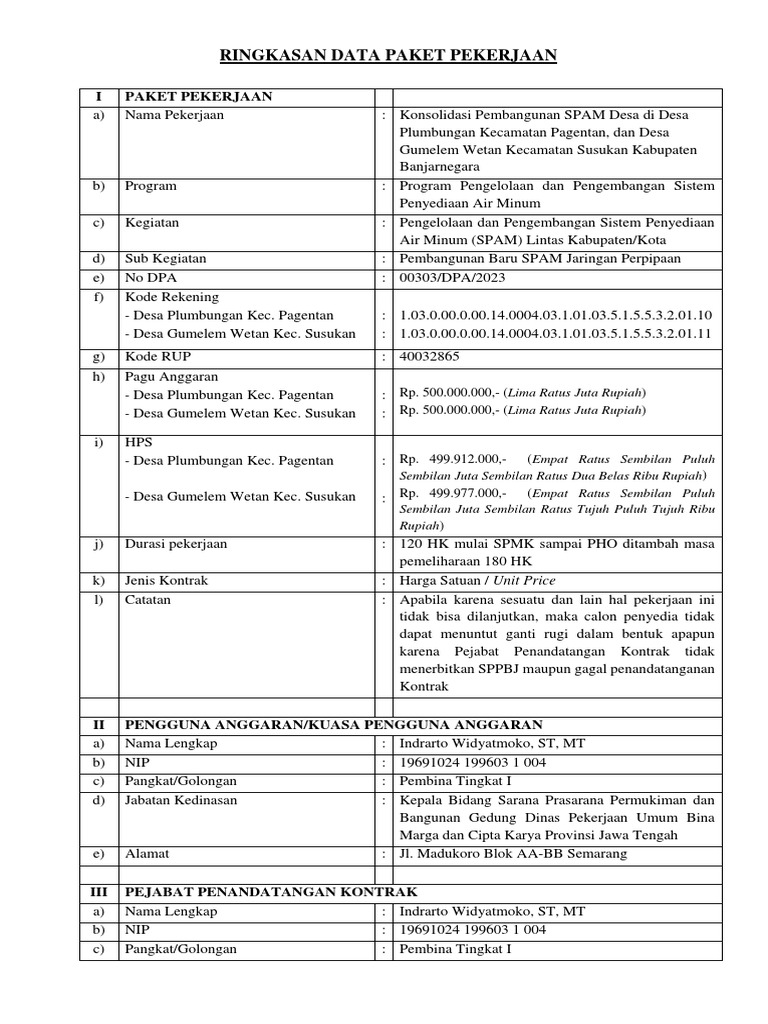 Ringkasan Data Paket Konsolidasi SPAM Desa Banjarnegara | PDF