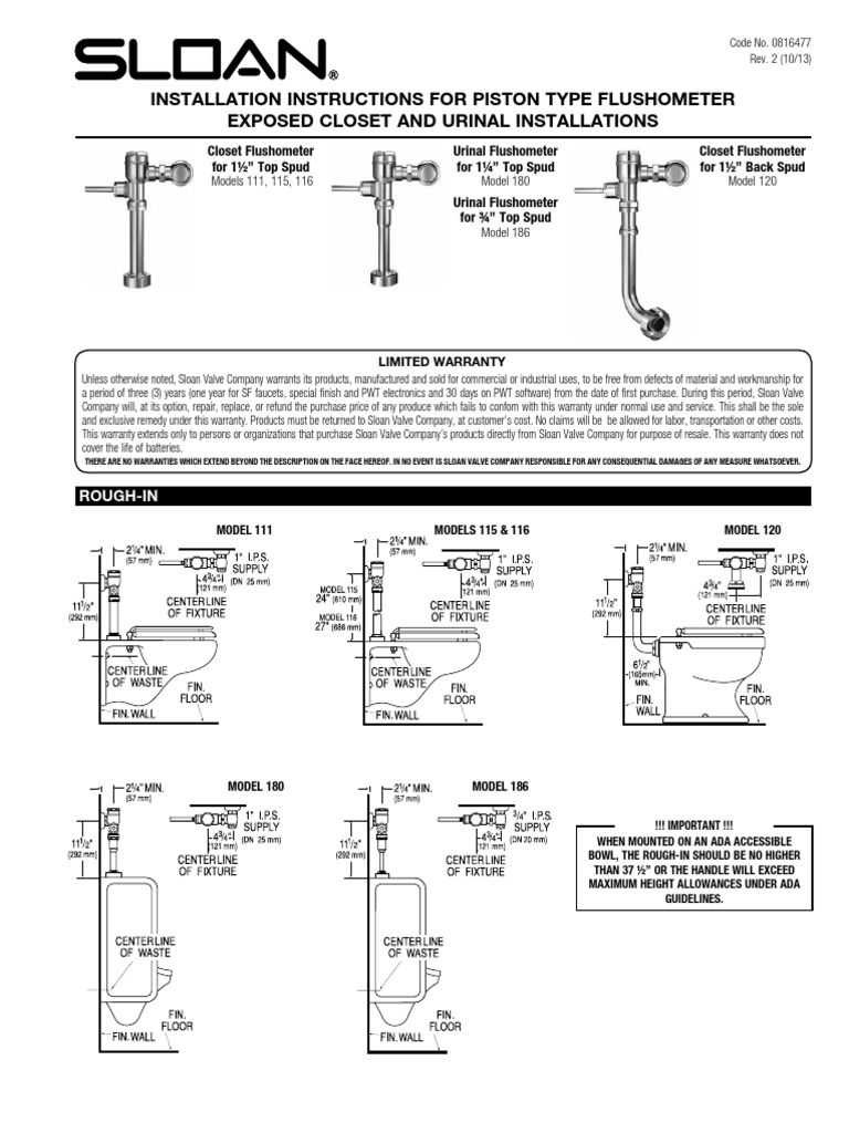 Installation Instructions For Piston Type Flushometer Exposed Closet ...