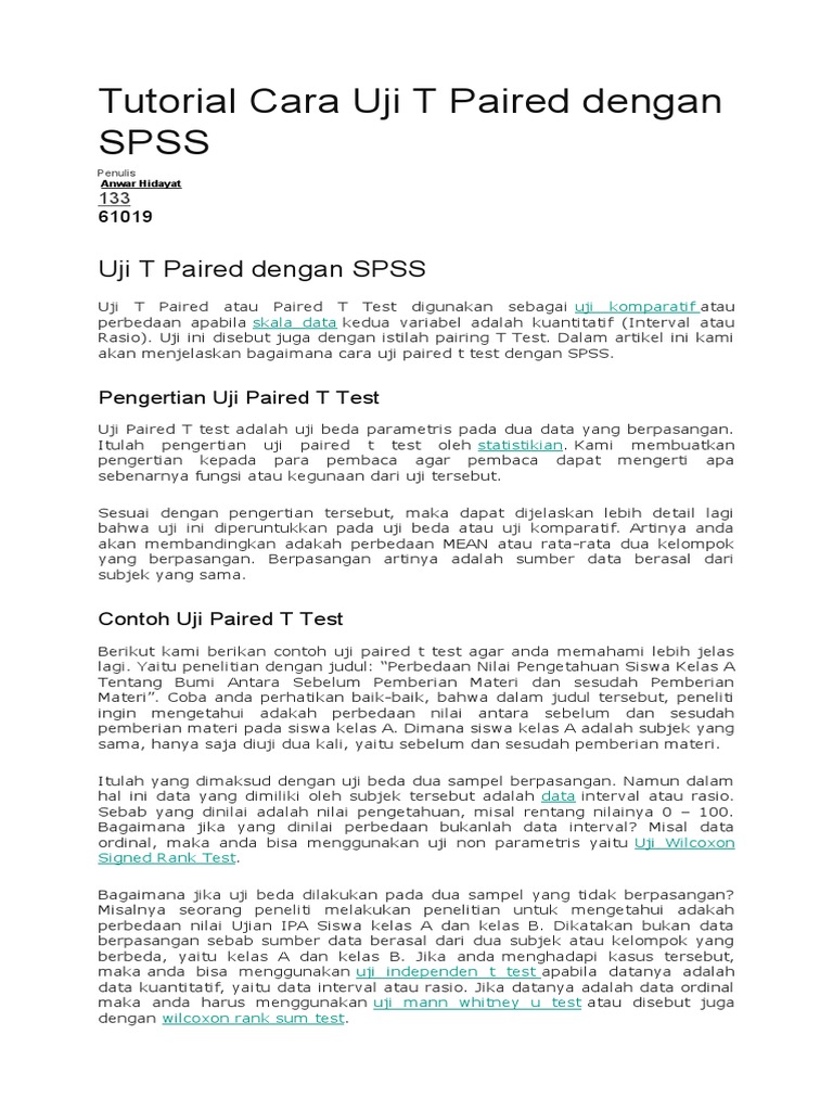 Tutorial Cara Uji T Paired Dengan SPSS | PDF