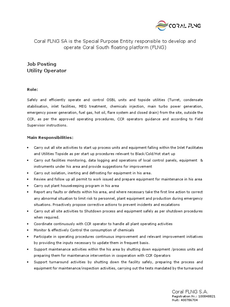 Utility Operator Job at Coral FLNG SA | PDF