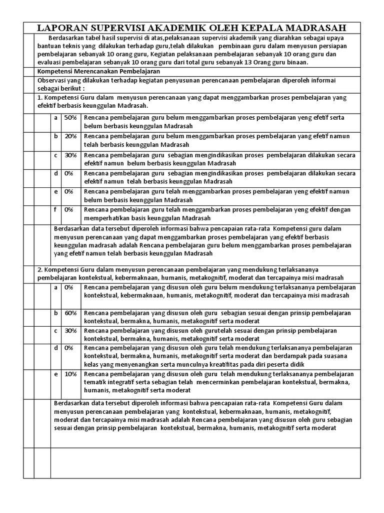 Laporan Supervisi Akademik Oleh Kepala Madrasah: Kompetensi Merencanakan Pembelajaran | PDF