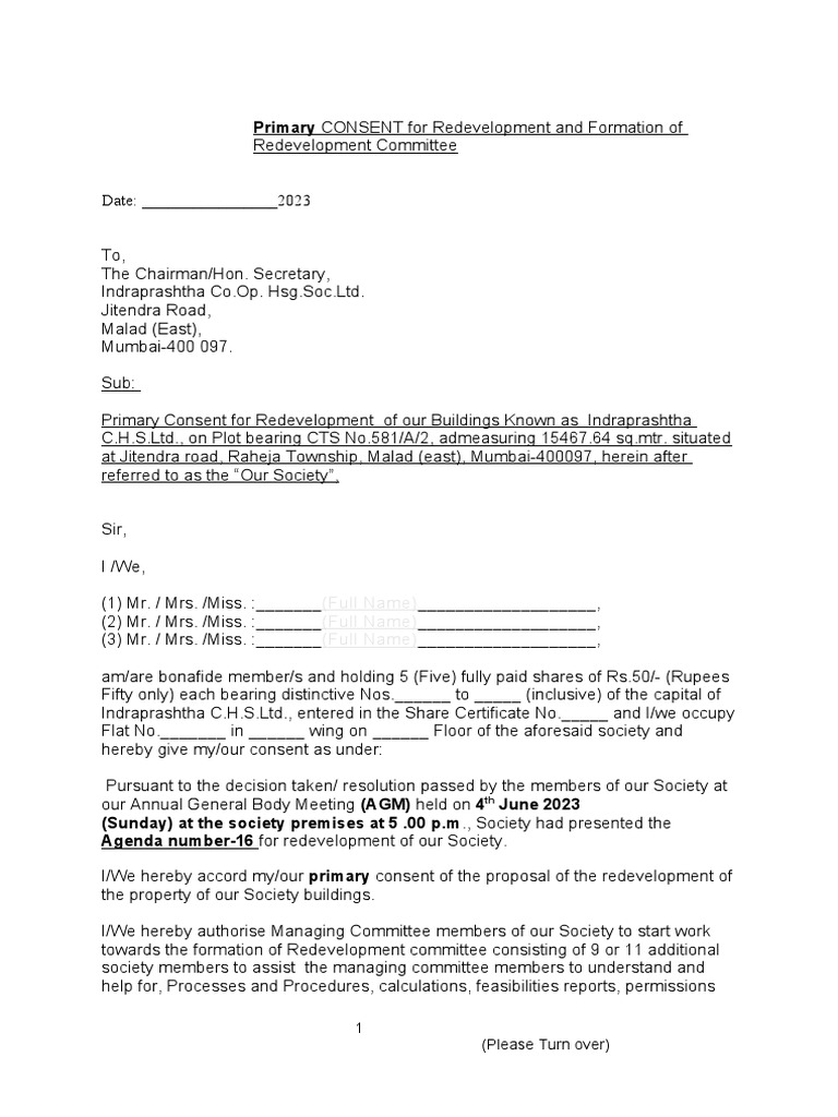 Prelimary Consent letter for redevlopment to managing committee | PDF