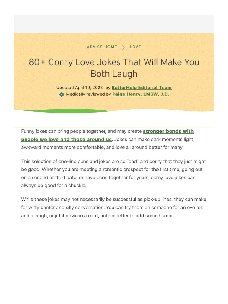 Love Jokes - 80 Funny & Corny Love Jokes - BetterHelp Love Jokes | PDF ...