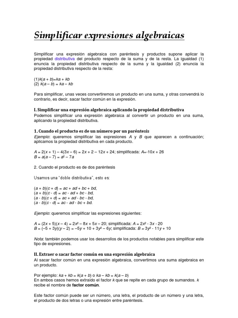 Simplificar Expresiones Algebraicas | PDF | Matemática Elemental ...