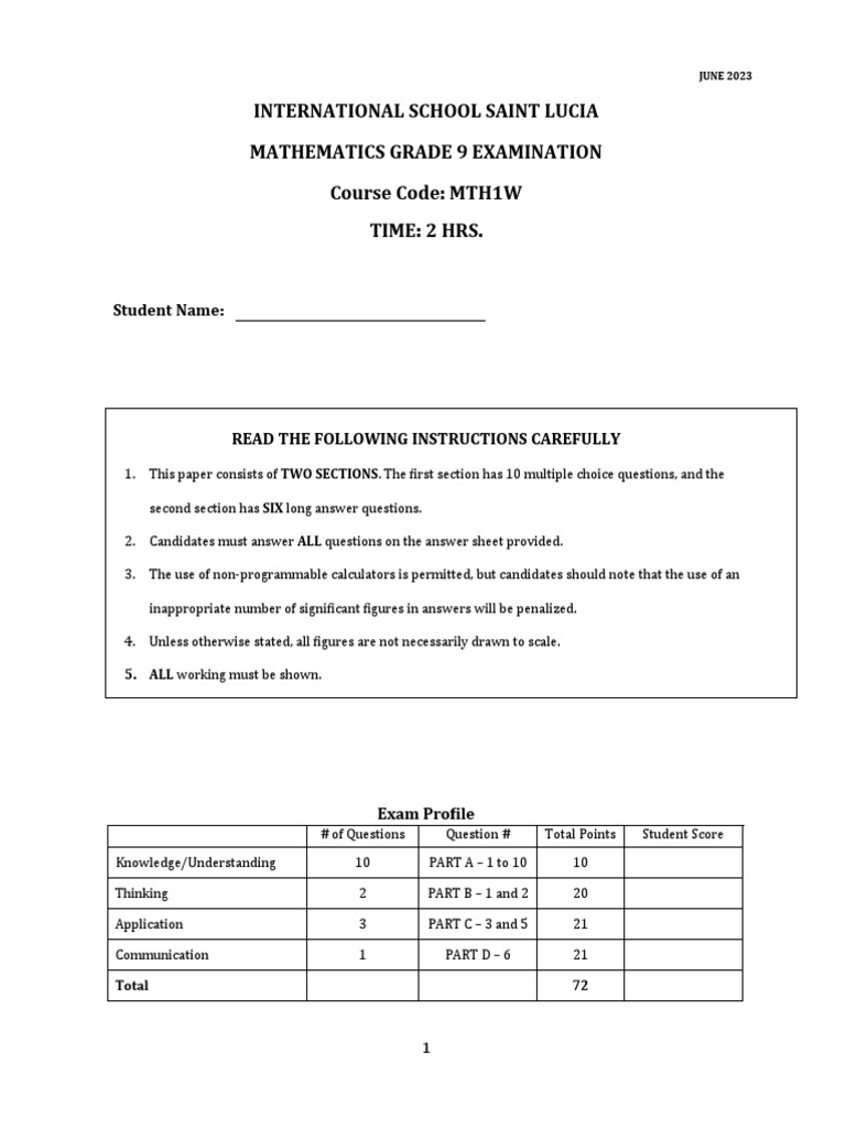 Final - Grade 9 Mathematics Examination | PDF | Matrix (Mathematics ...