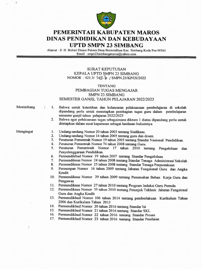 SK Pembagian Tugas Ganjil Genap 2022-2023 | PDF