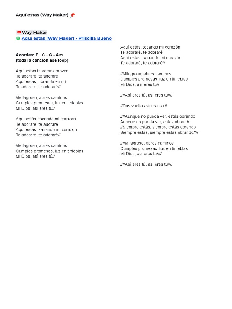 Aquí Estas (Way Maker) - Letra y Acordes | PDF