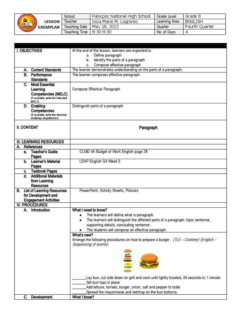 Iscia Marie Logronio - English 8 Cot | PDF | Paragraph | Sentence (Linguistics)