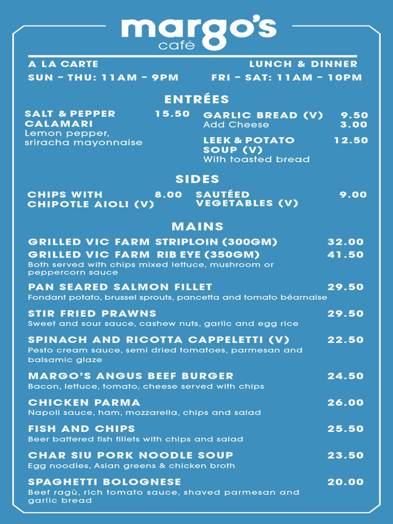 Crown Melbourne Restaurants Margos A La Carte Menu | PDF