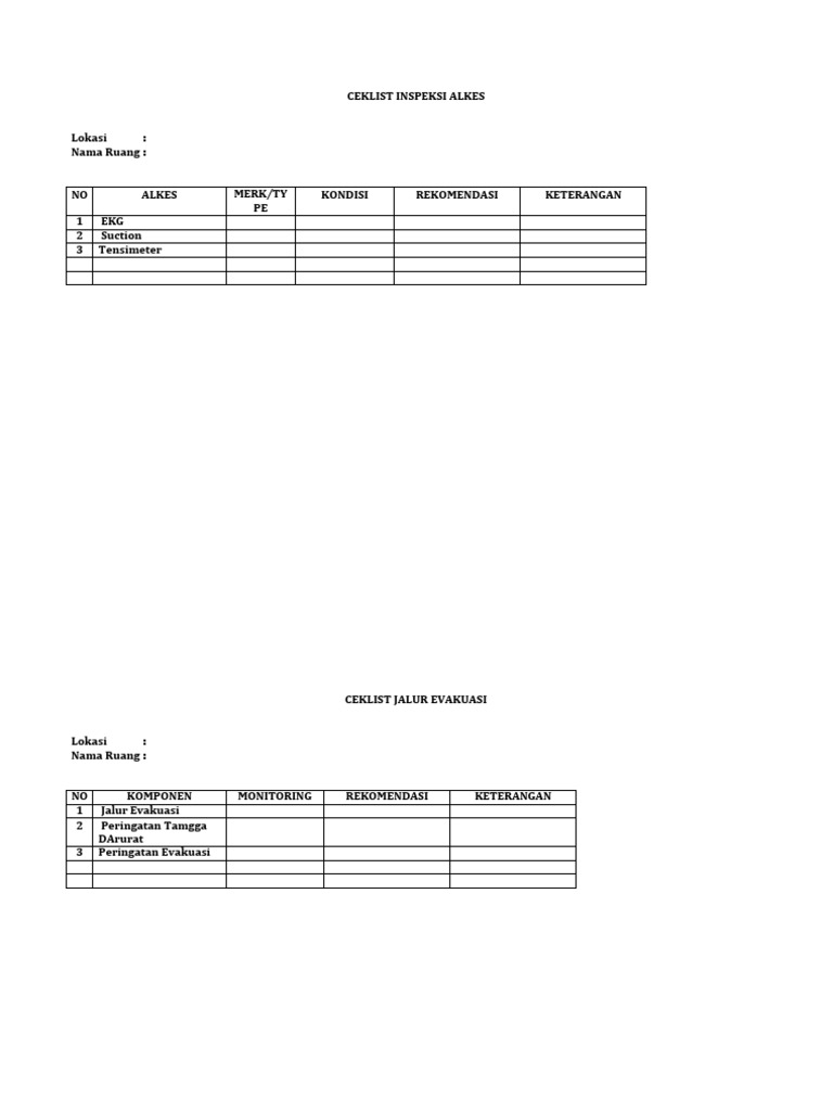 Ceklist Inspeksi Alkes dan Evakuasi | PDF