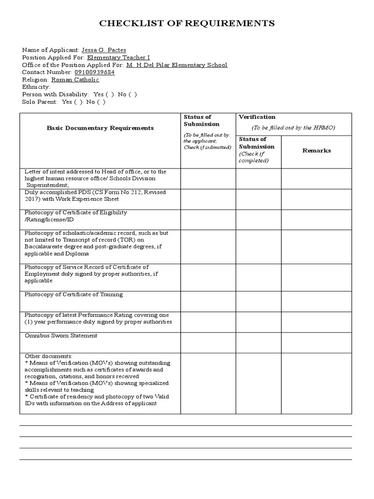 Teacher I Position Requirements Checklist | PDF