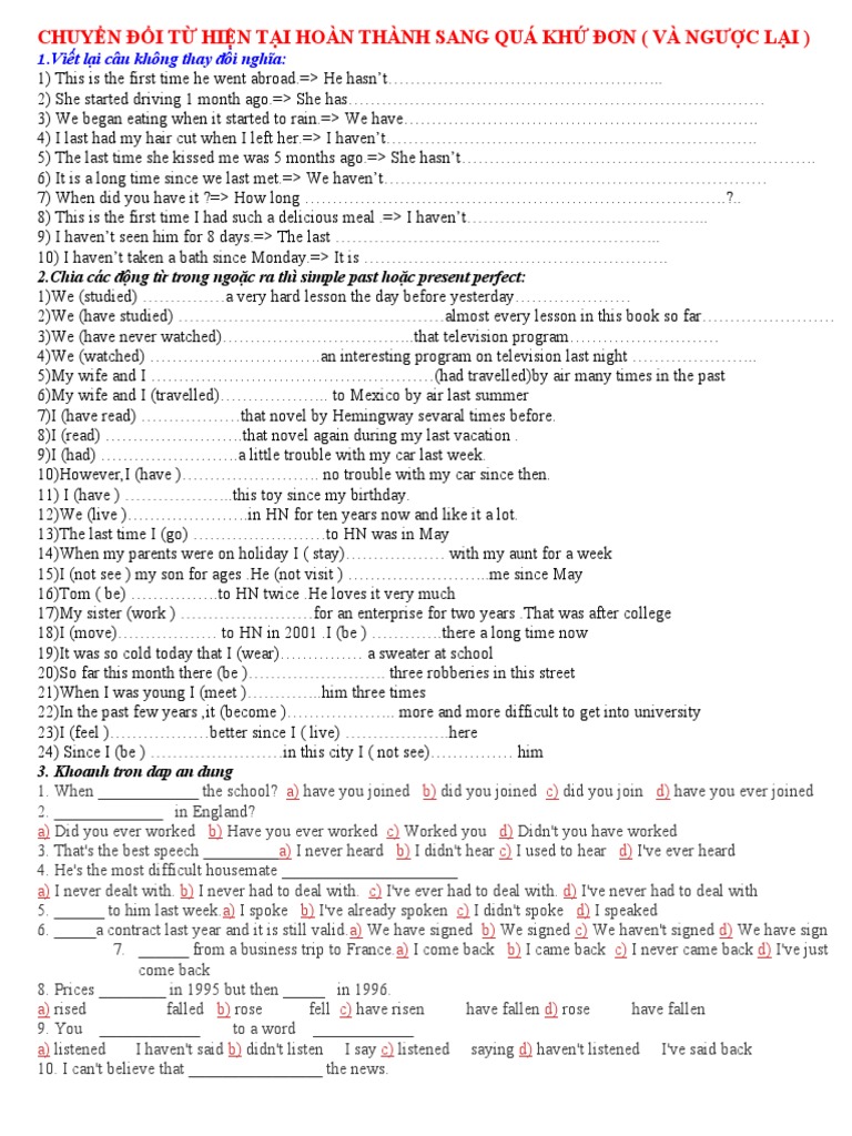 Bai Tap Hien Tai Hoan Thanh Va Qua Khu Don | PDF