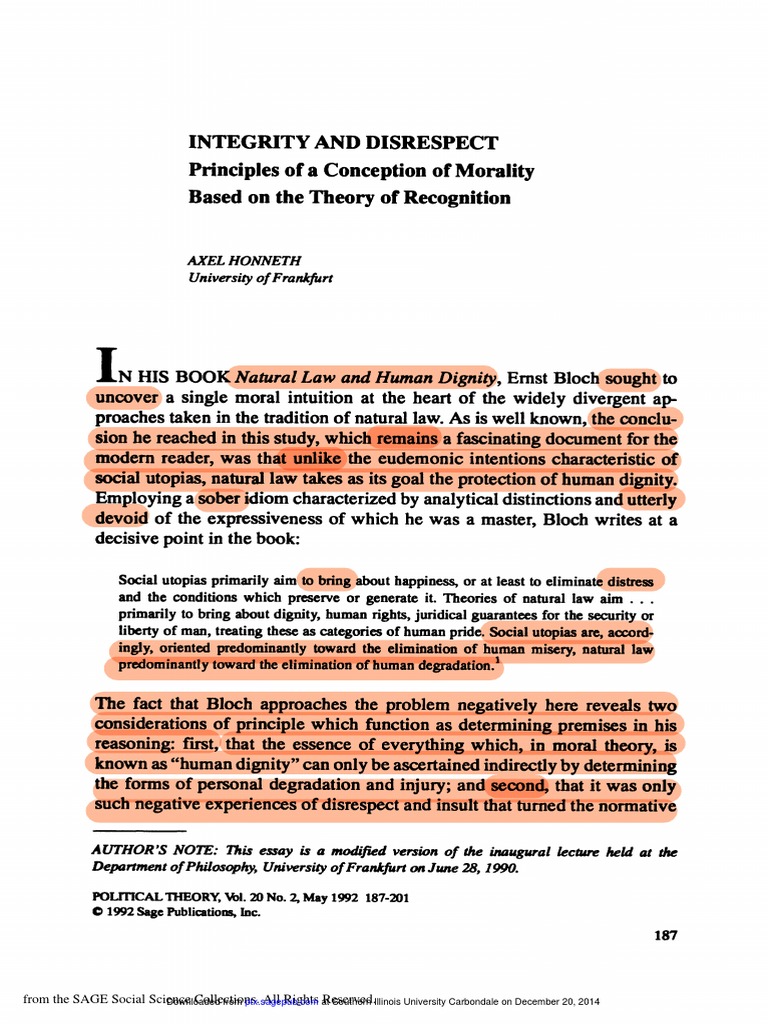 HONNETH - Integrity and Disrespect | PDF