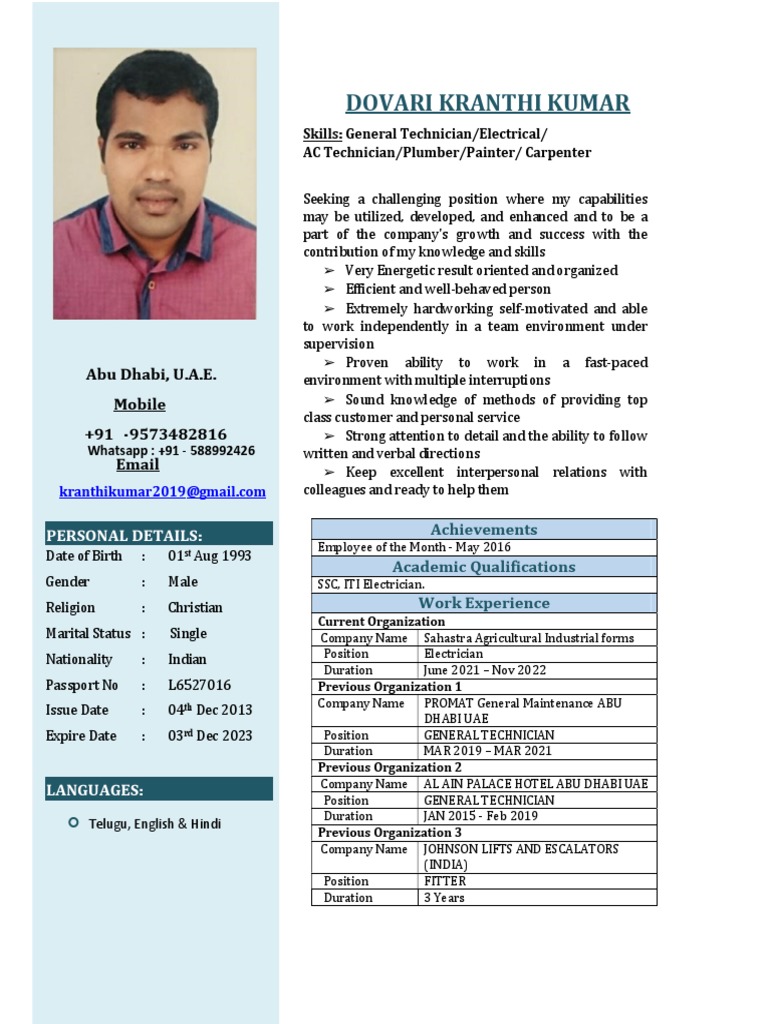Kranthi Kumar CV | PDF | Plumbing | Electrical Wiring