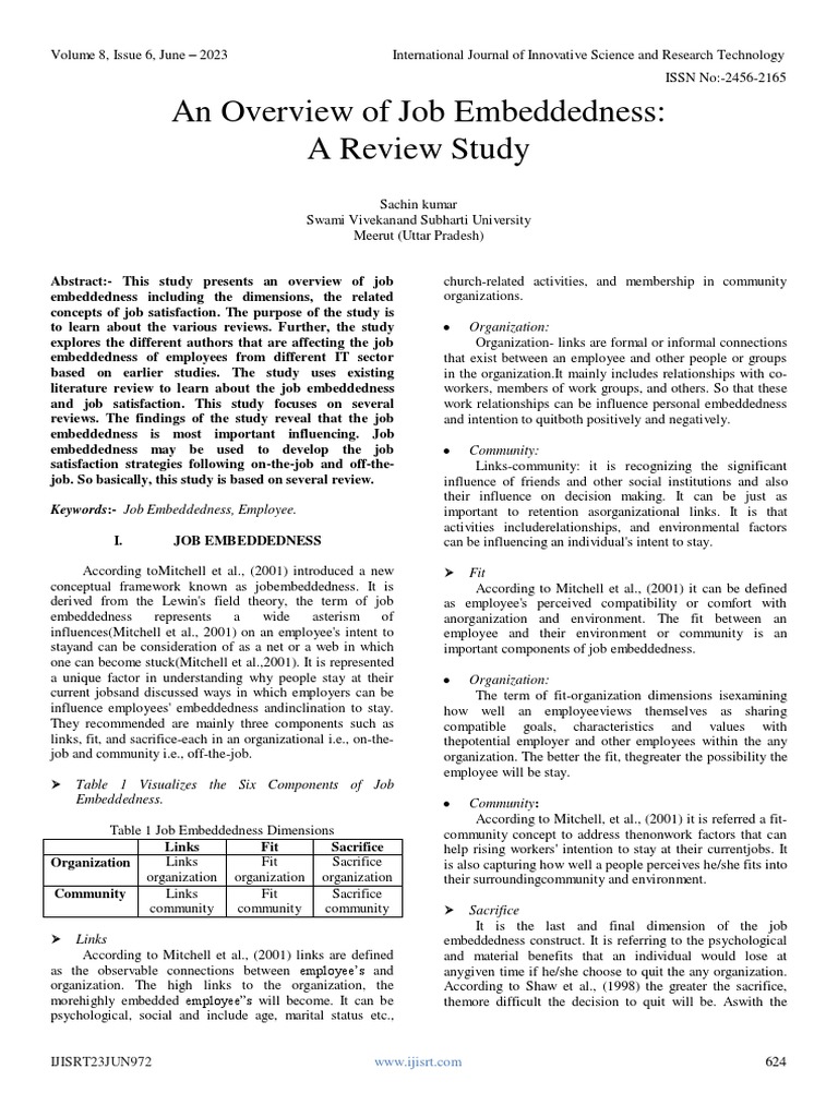 An Overview of Job Embeddedness: A Review Study | PDF | Job ...