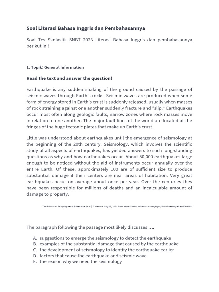 Soal Literasi Bahasa Inggris Dan Pembahasannya | PDF | Earthquakes | Loneliness