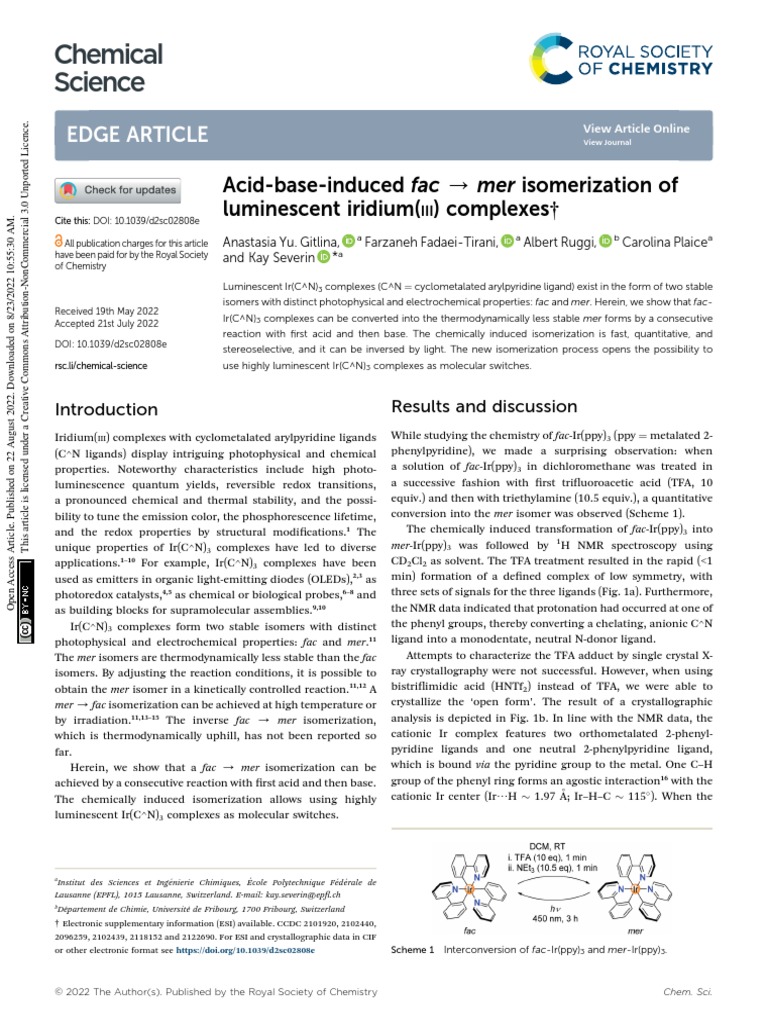 Acid-Base-Induced Fac Mer Isomerization of Luminescent Iridium (Iii ...